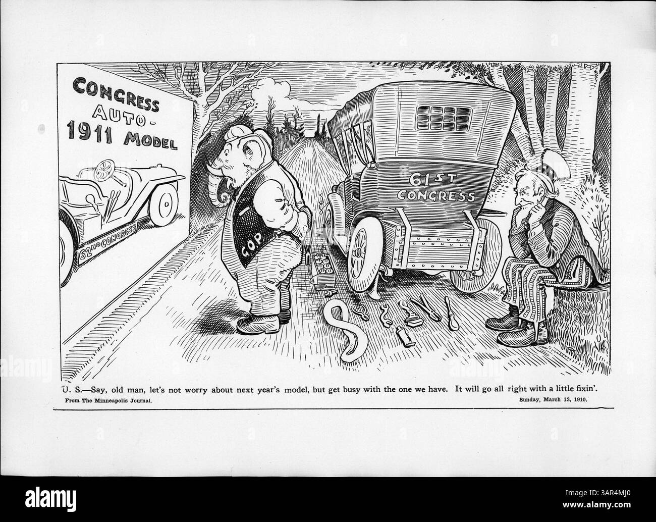 The illustration features Uncle Sam sitting by the road, with a car ...