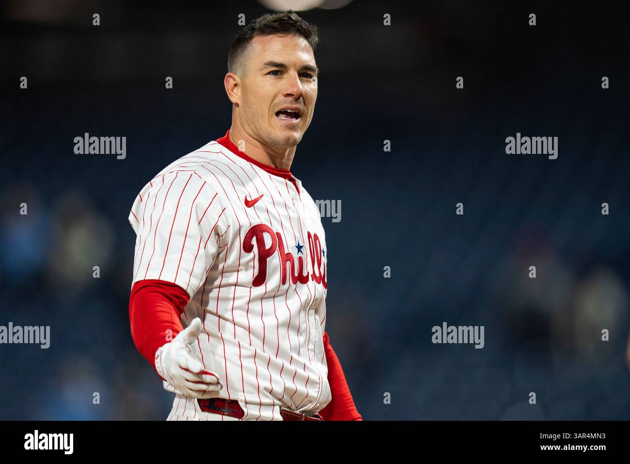 Philadelphia Phillies' J.T. Realmuto reacts to being called out on ...