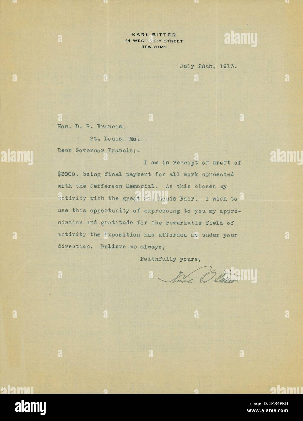In this letter from July 28, 1913, Karl Bitter informs Hon. D.R ...