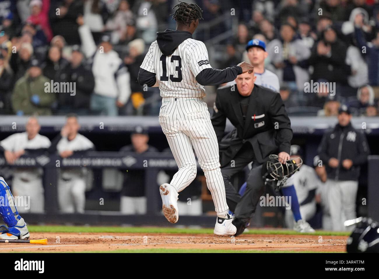 BRONX, NY - APRIL 16: New York Yankees Second Baseman Jazz Chisholm Jr. (13) scores a run on New ...