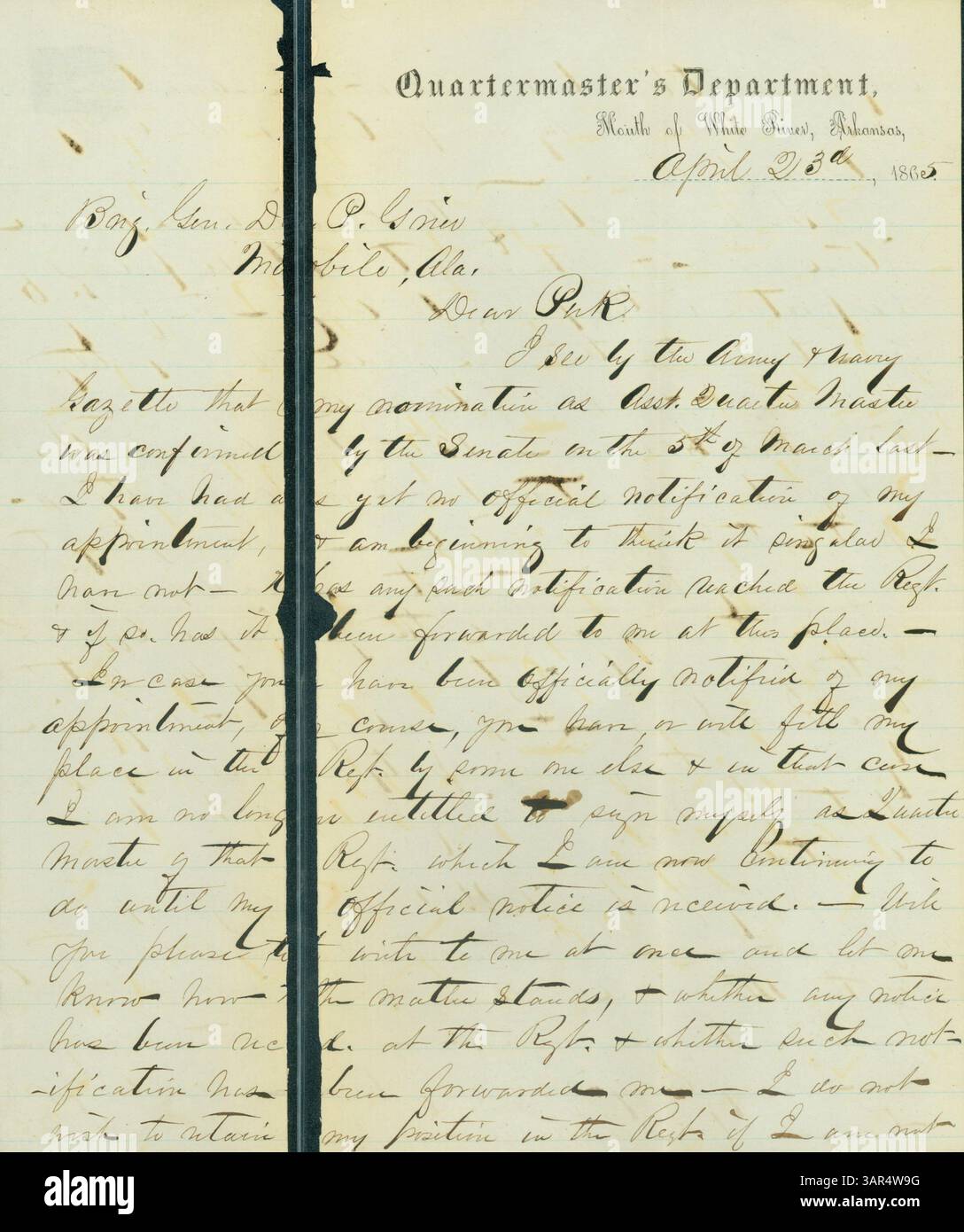 This letter, dated April 23, 1865, from David McKinney at the Mouth of ...