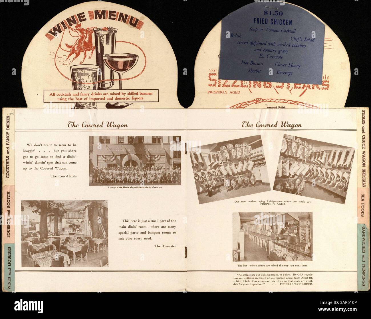 This vintage bi-fold menu from Covered Wagon Inc. features a faux-wood ...