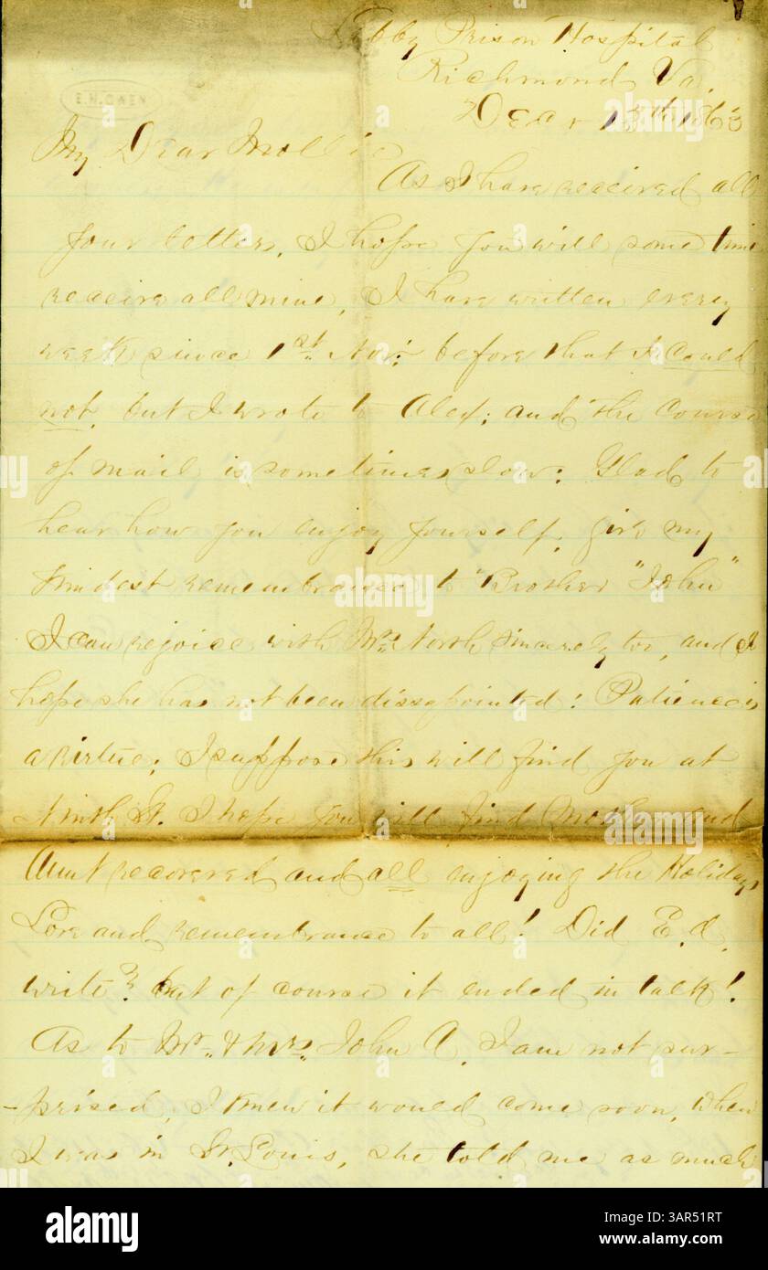 This letter, written by James E. Love from Libby Prison Hospital in ...