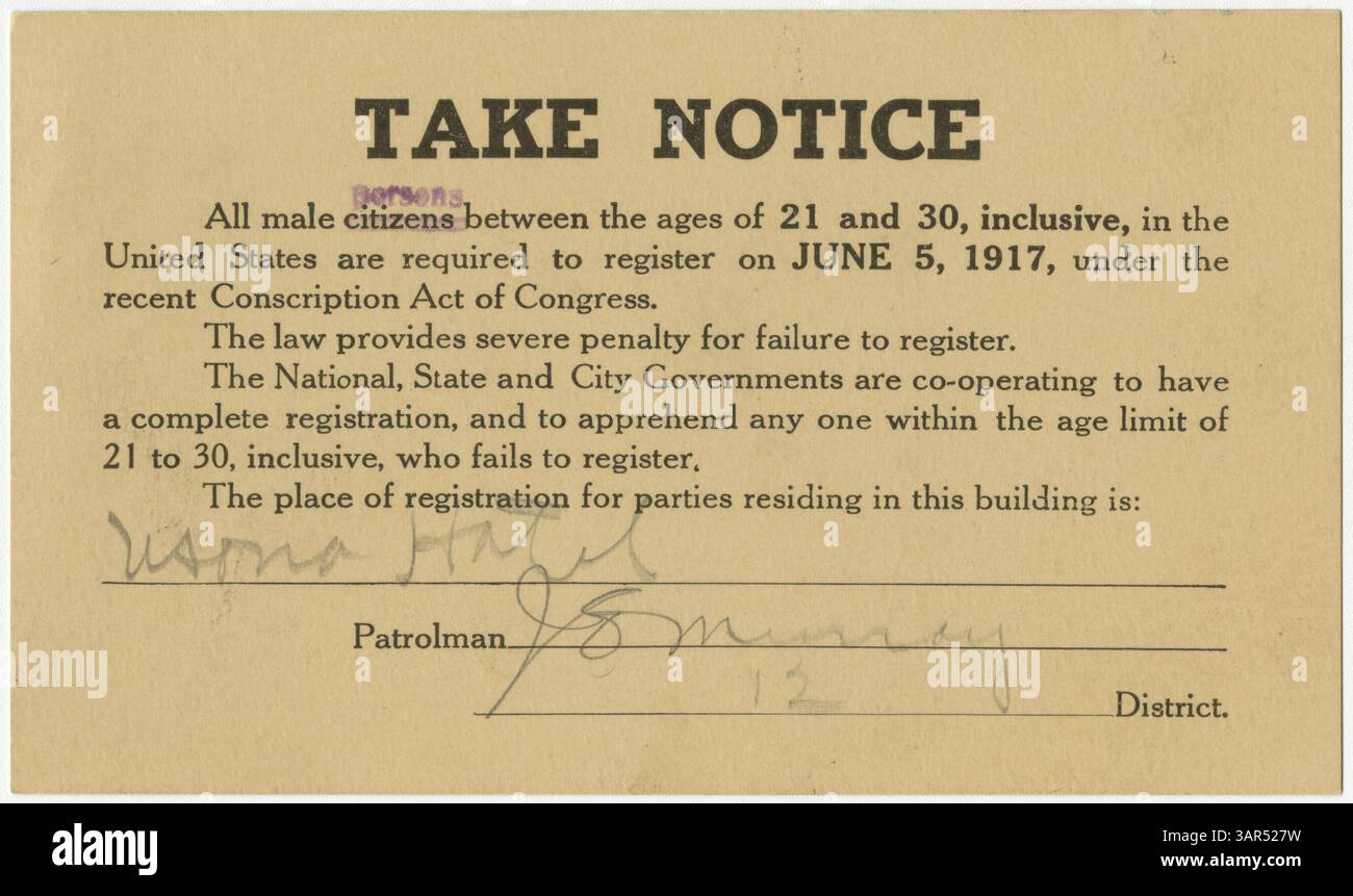 A postcard issued in 1917 announcing that all male citizens between 21 ...