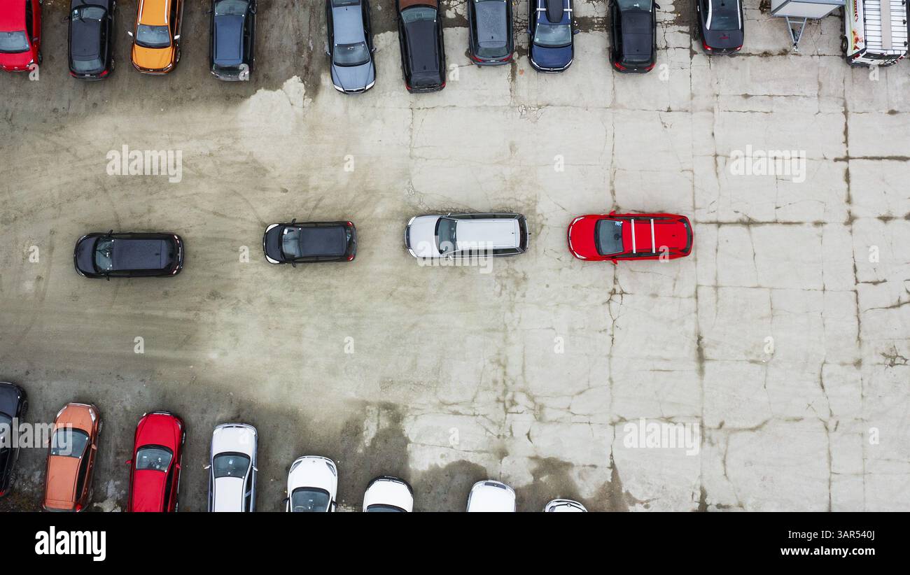 Drone shot, from above, cars, car park, Austria, Europe Stock Photo - Alamy