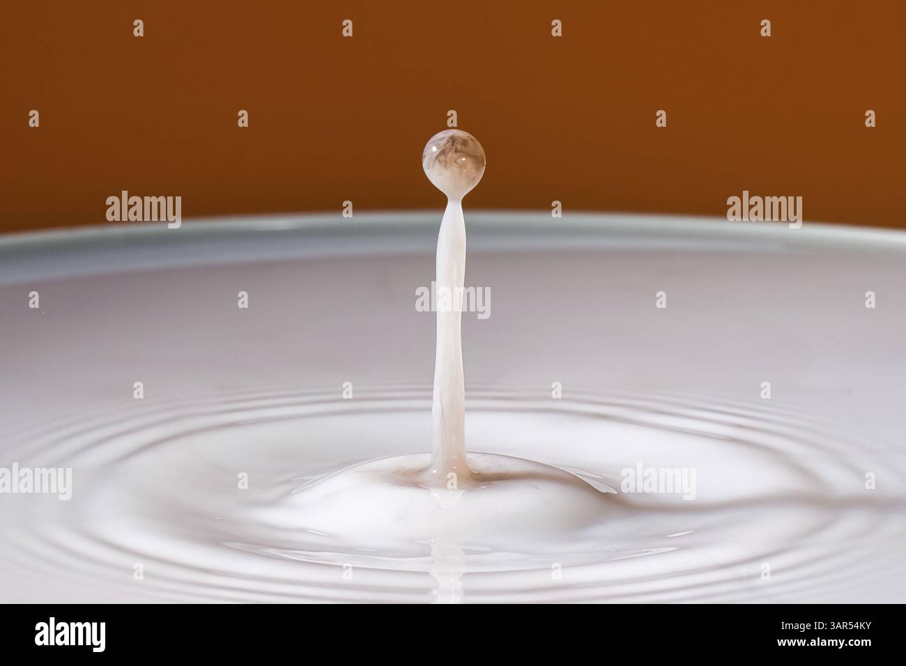 Single dripping water jet hits smooth surface in front of orange ...