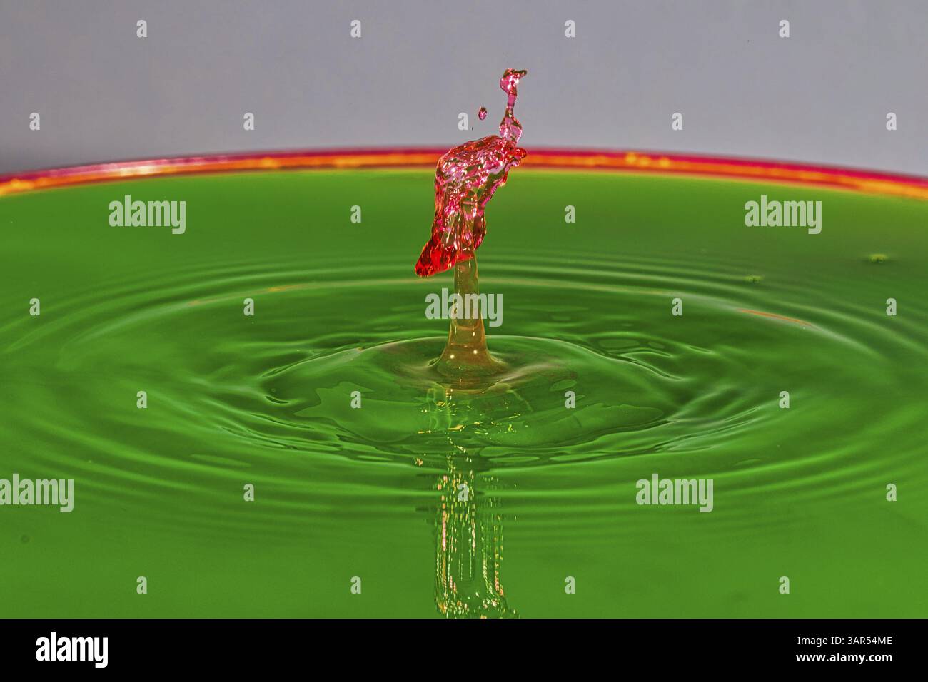 A red water drop rises dynamically on a green background, water drop ...