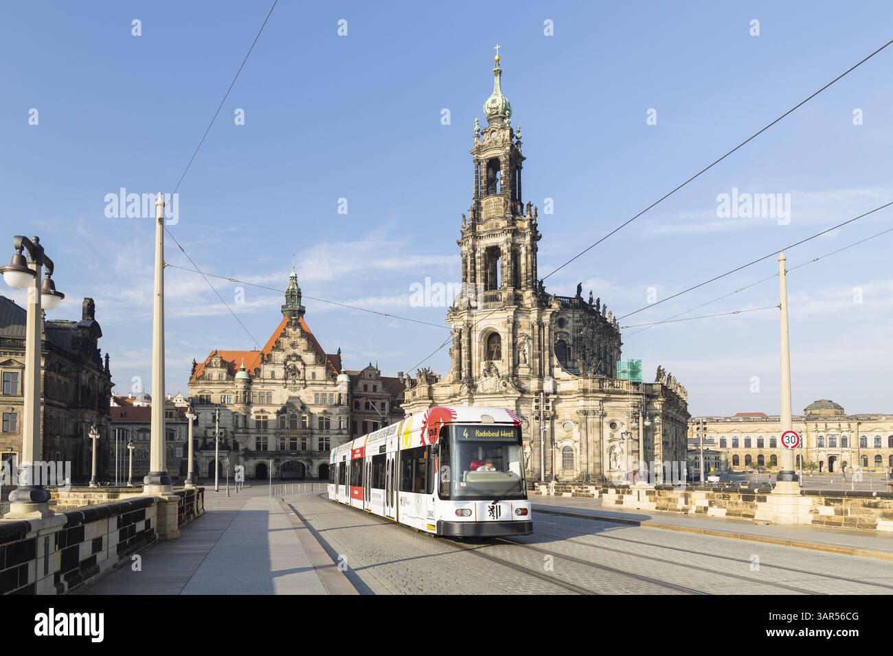 Tram on the Augustus Bridge with a view of the Palace Square with St ...