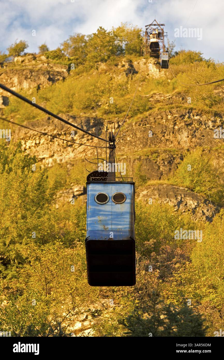 Gondola of a disused passenger cable car, mining town of Chiatura ...
