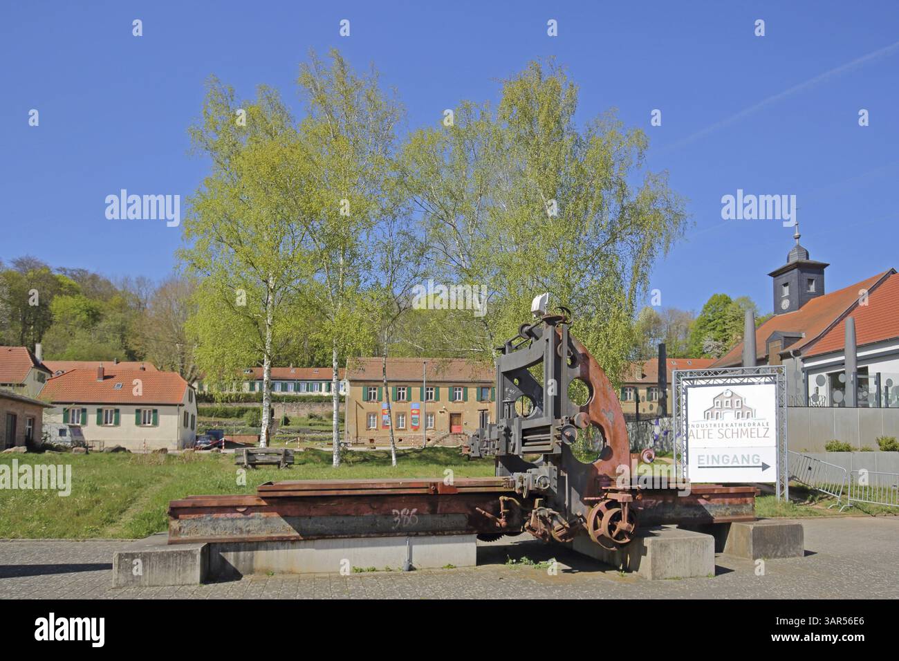 Industrial monument at former ironworks with old portal planing machine ...