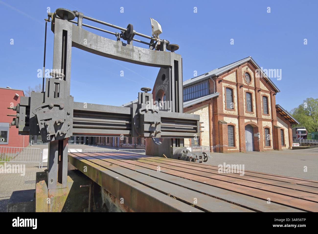 Industrial monument at former ironworks with old portal planing machine ...