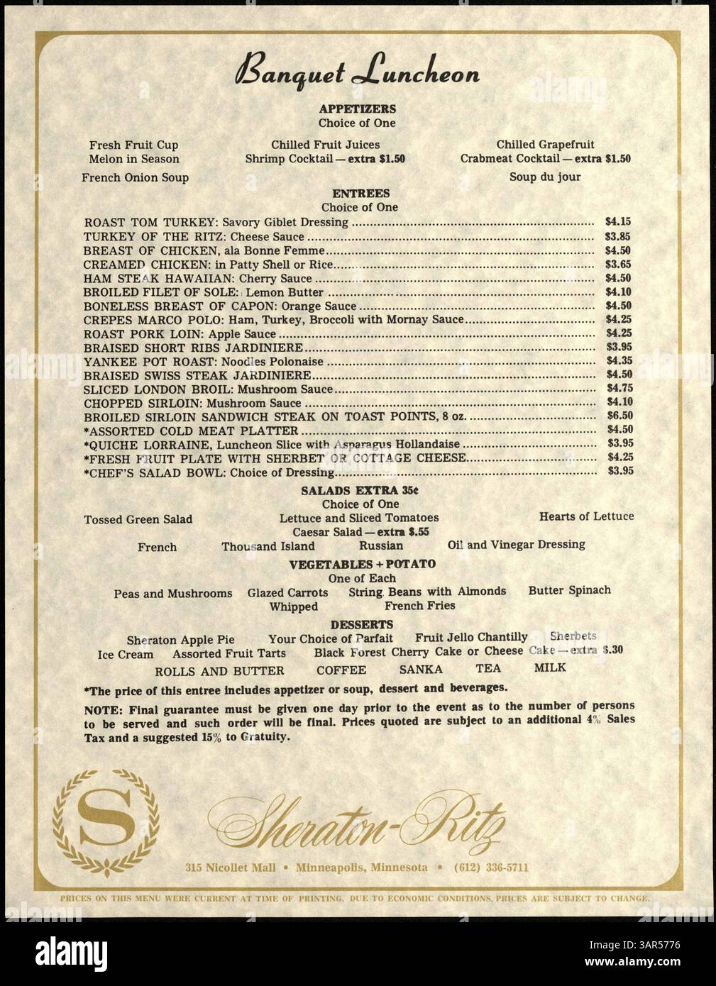 The Sheraton-Ritz Banquet Luncheon menu features a gold-bordered design ...