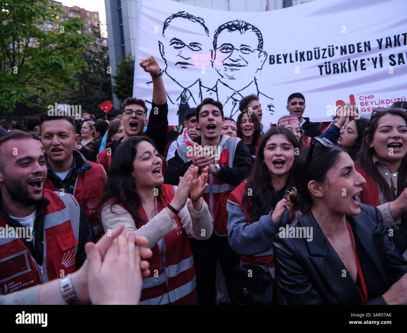 Istanbul, Turkey. 16th Apr, 2025. People hold Turkish flag and shout ...