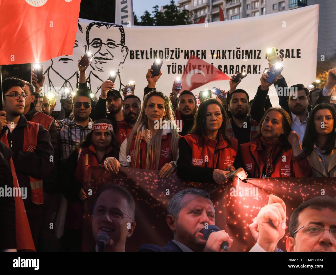Istanbul, Turkey. 16th Apr, 2025. People hold Turkish flag and shout ...