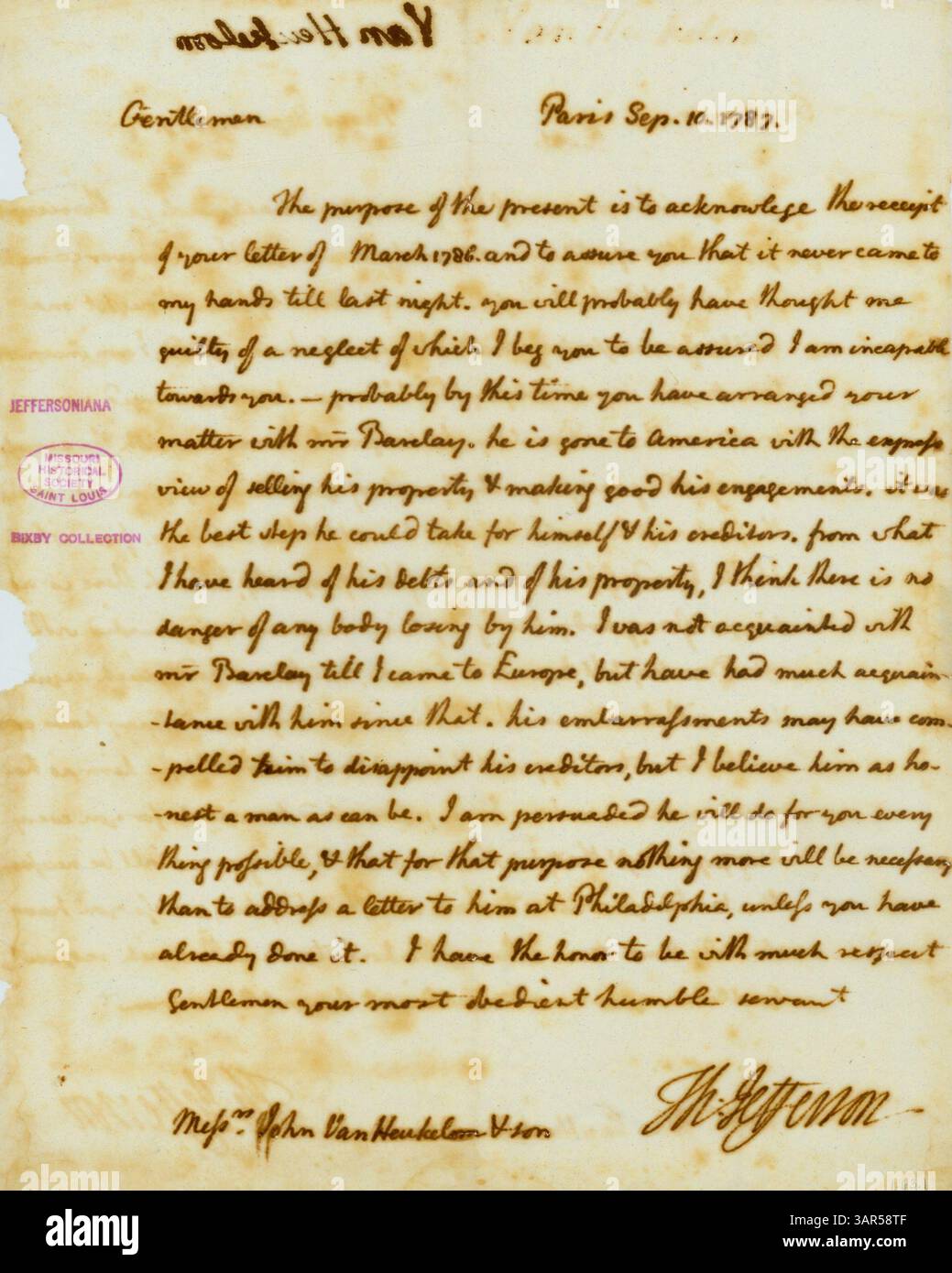 This letter, signed by Thomas Jefferson, was written from Paris to ...