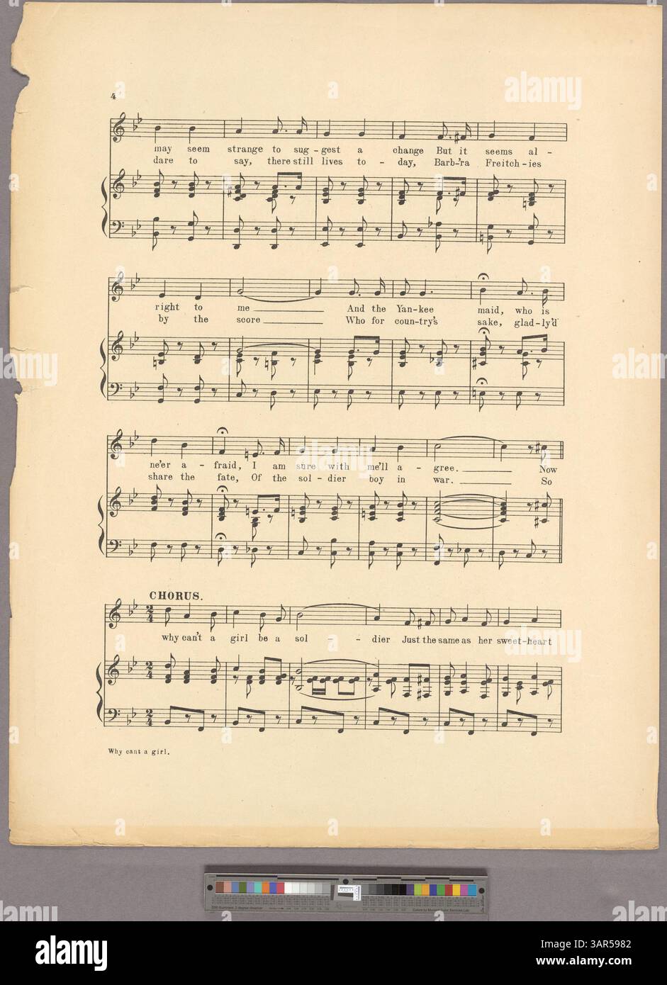 The sheet music for 'Why Can't a Girl Be a Soldier?' features a ...