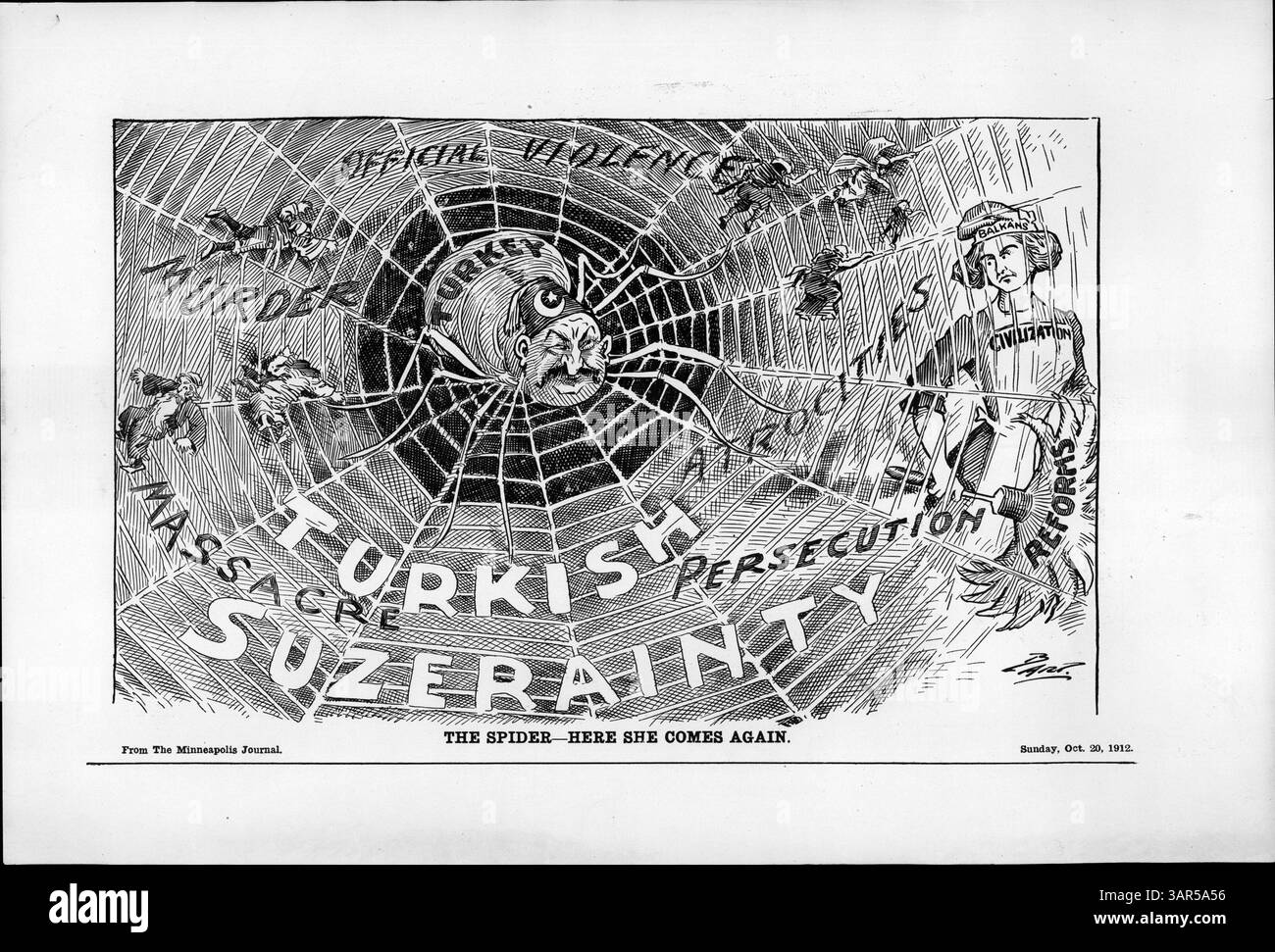 A political cartoon showing a spider labeled 'Turkey' sitting in a web ...