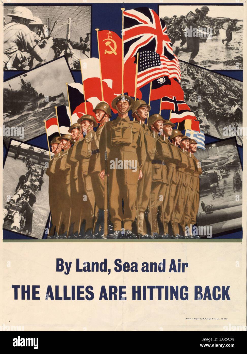 The image 'By Land, Sea and Air - the Allies are Hitting Back' shows soldiers from various ...