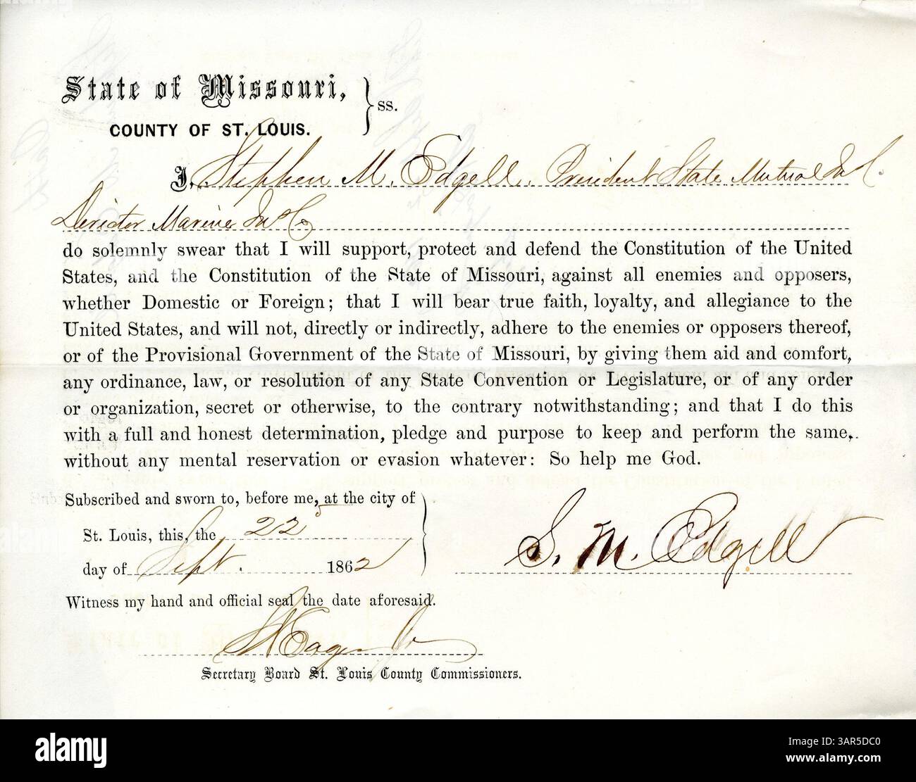 This document records the loyalty oath sworn by Stephen M. Edgell of St ...