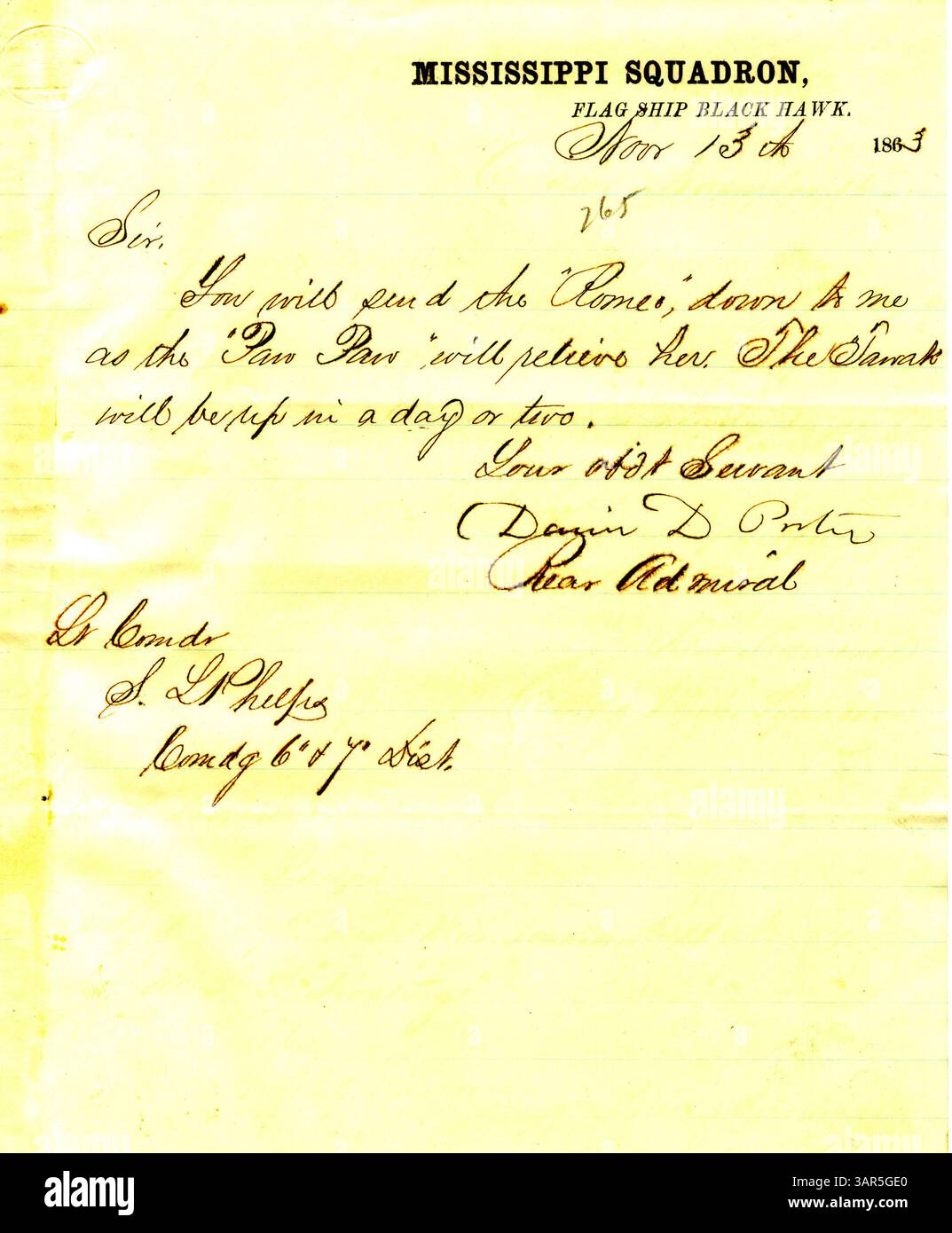 David D. Porter, aboard the U.S.S. Black Hawk, writes to Seth Ledyard ...