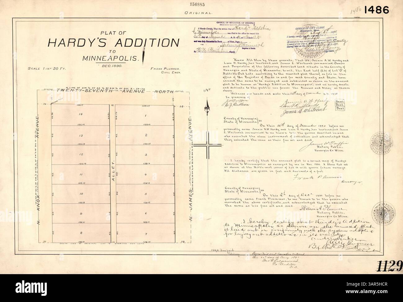 This plat map shows the layout of Hardy's Addition to Minneapolis, a ...