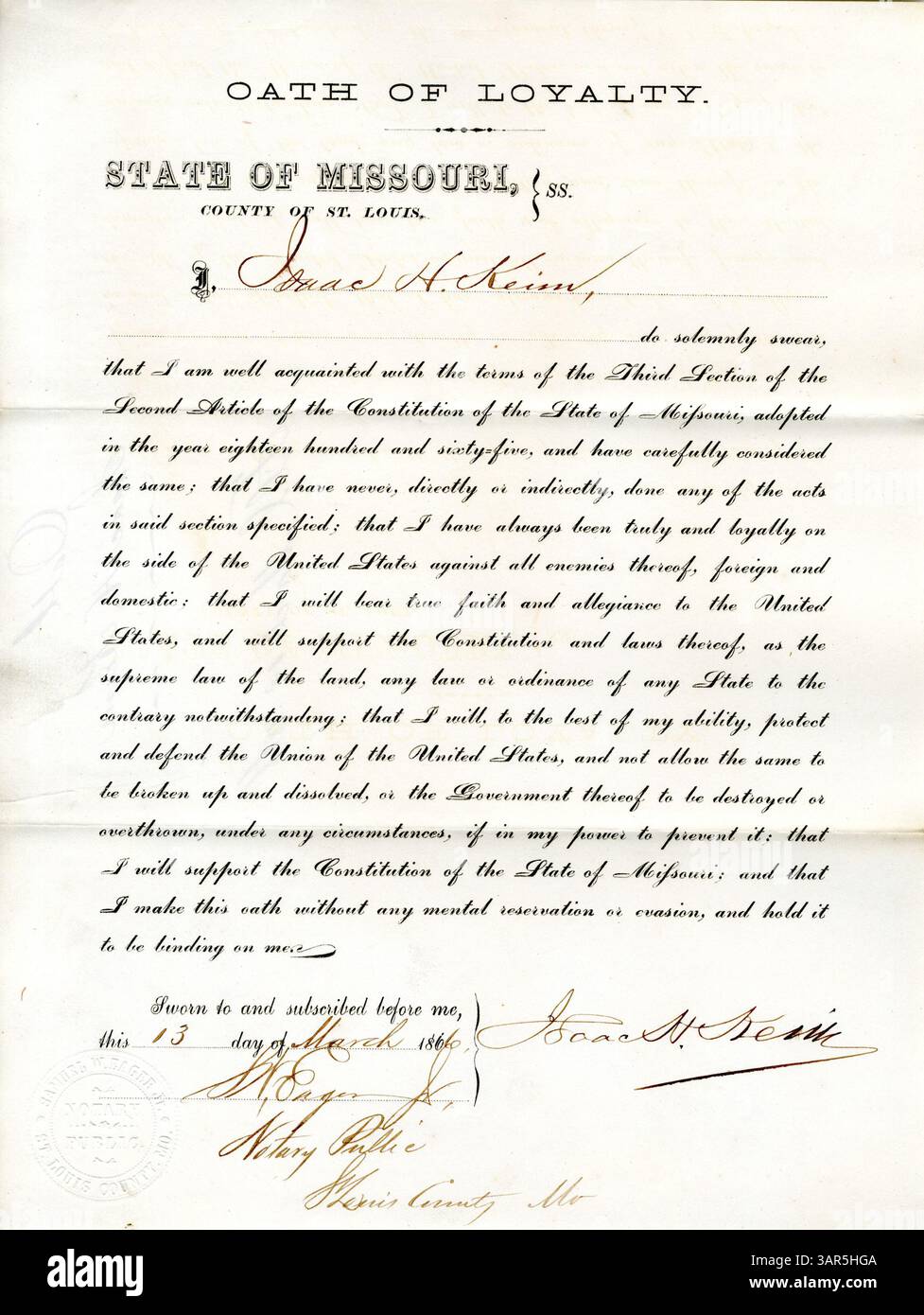 This document records the oath of allegiance sworn by Isaac H. Keim to ...