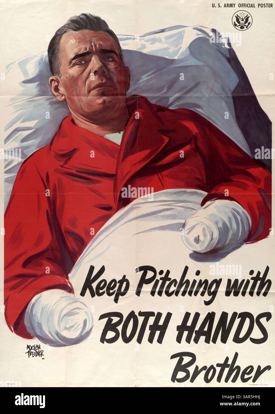 The 1944 image shows a man lying in bed with both hands amputated and ...