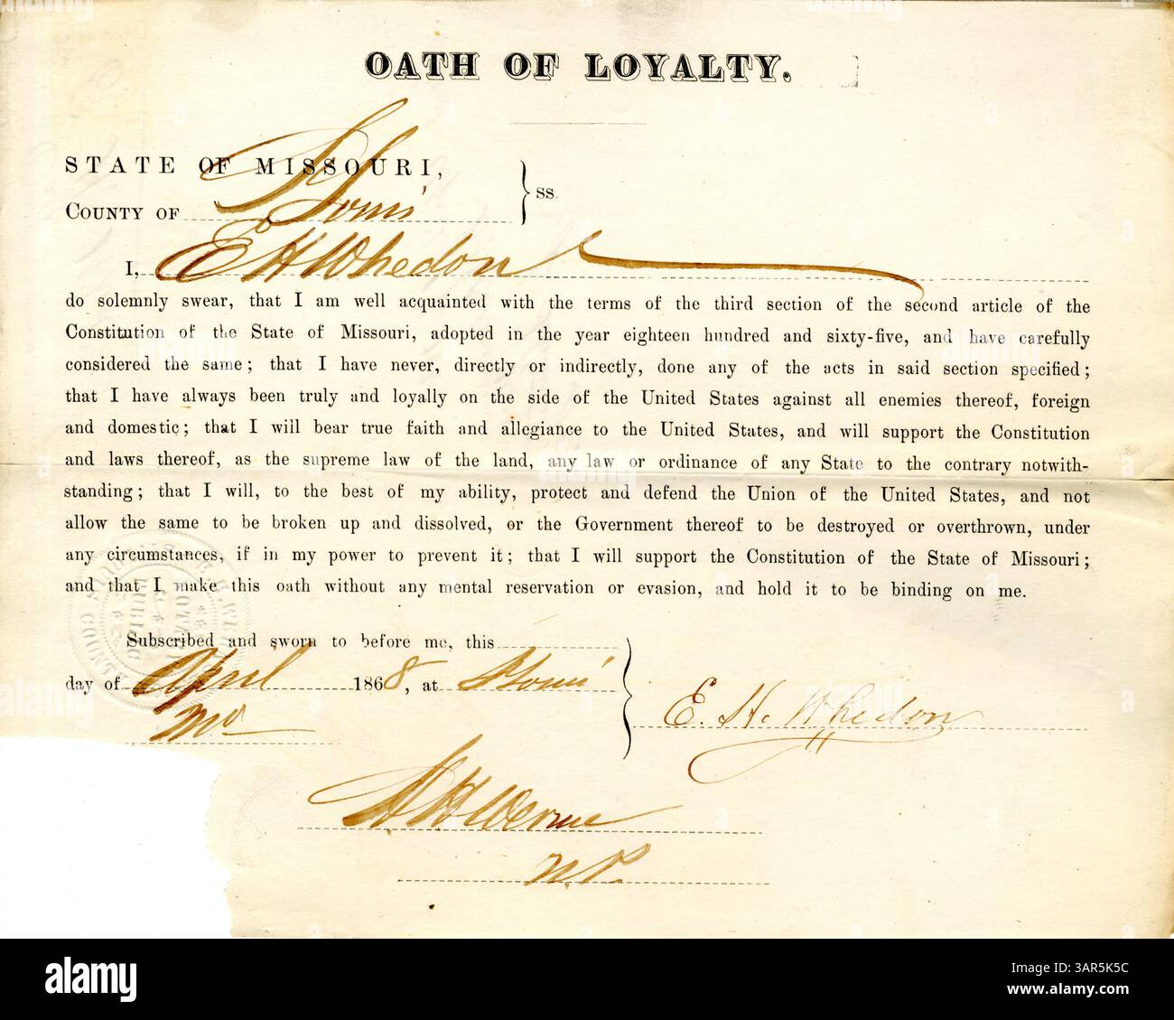 Loyalty oath sworn by E.H. Whedon of St. Louis County, Missouri ...