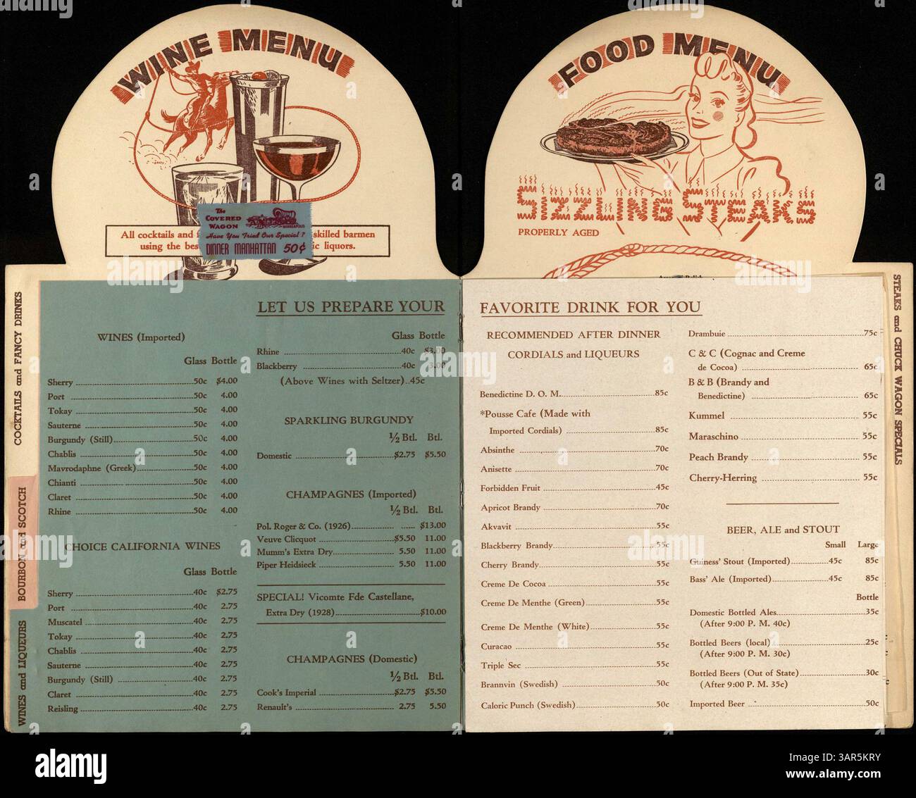 The Covered Wagon restaurant menu is a 22-page booklet in the shape of ...