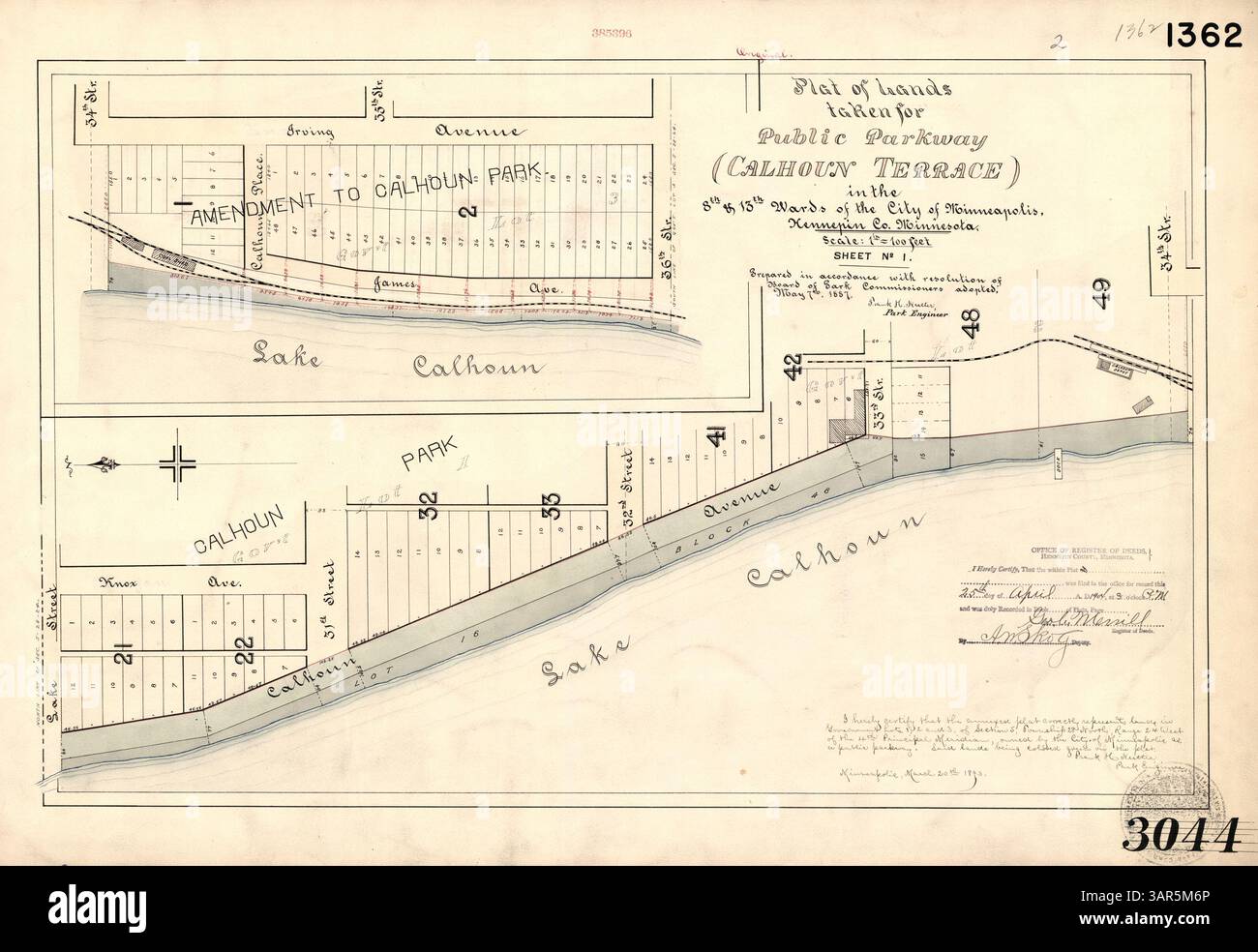 A detailed plat map shows the lands taken for the public parkway in the ...