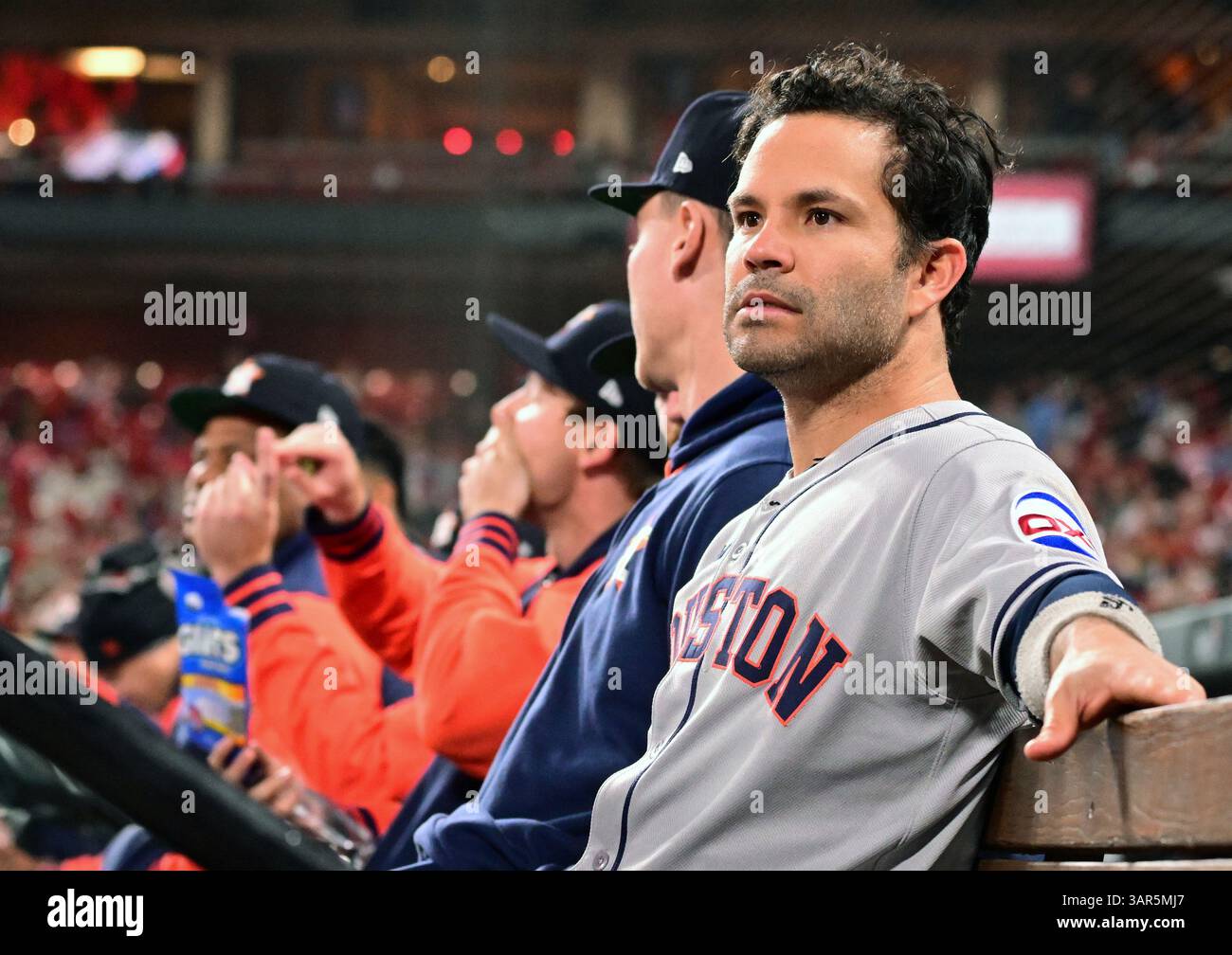 ST. LOUIS, MO - APRIL 15: Houston left fielder Jose Altuve watches his team play from the dugout ...