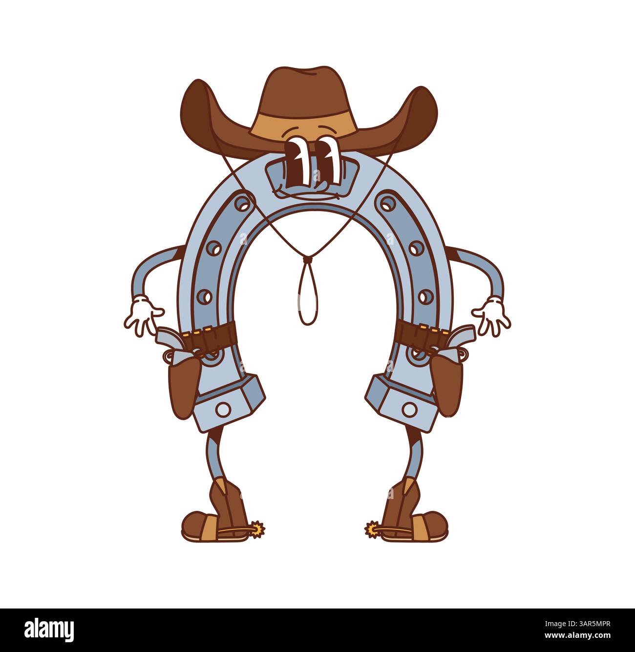 Cartoon groovy Wild west western horseshoe character in brown cowboy ...