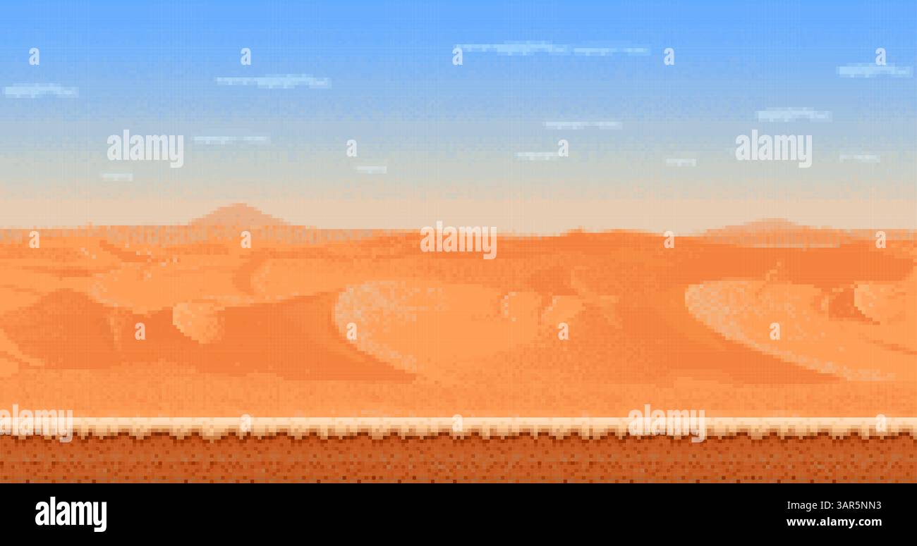8bit pixel art sand dunes, game desert landscape. Vector pixelated ...