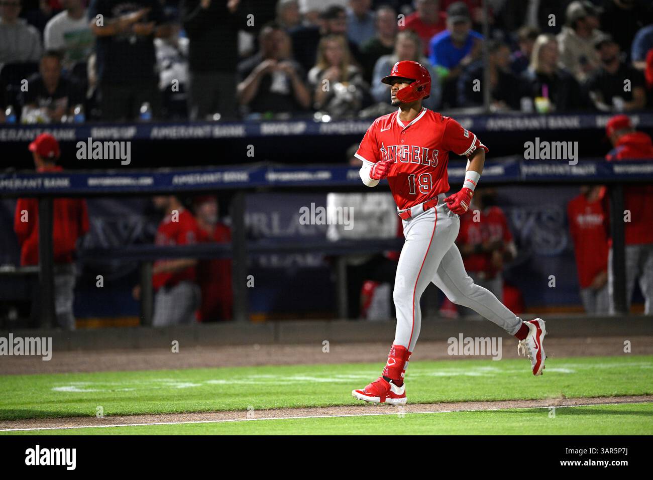 Los Angeles Angels' Kyren Paris (19) heads to home plate following his ...