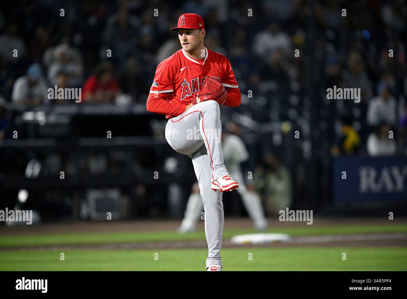 Los Angeles Angels pitcher Reid Detmers throws to home plate during the ...