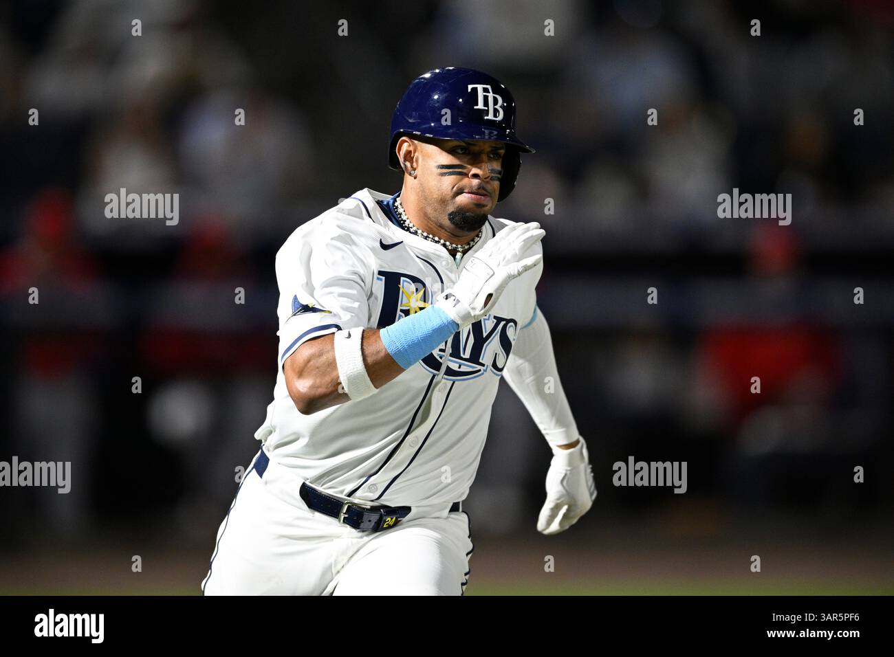 Tampa Bay Rays' Christopher Morel runs after hitting a pitch during the ...