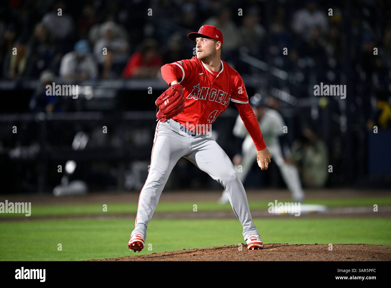 Los Angeles Angels pitcher Reid Detmers throws to home plate during the ...