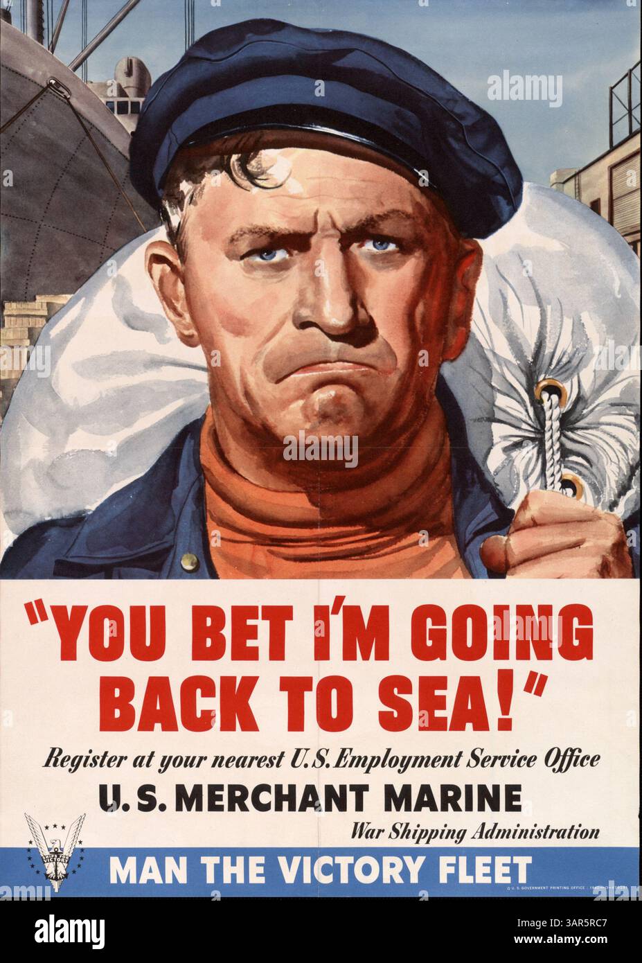 This 1942 photograph shows a Merchant Marine member with a duffel bag ...