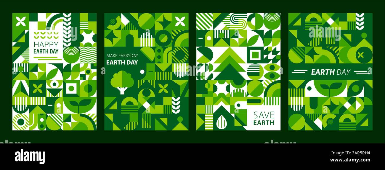 Earth day posters with green geometric shapes, vector ecology and ...