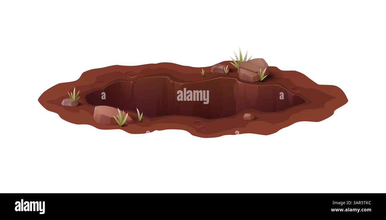 Hole in ground or burrow pit with deep dirty hollow, cartoon isolated ...