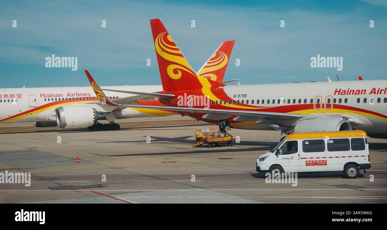 Shunyi, Beijing, China. Airplane B-5798 Hainan Airlines Boeing 737-800 ...