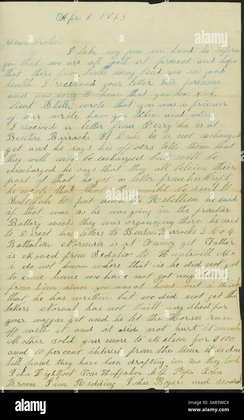 A letter from Nancy to her brother George Wyckoff, dated April 6, 1863 ...