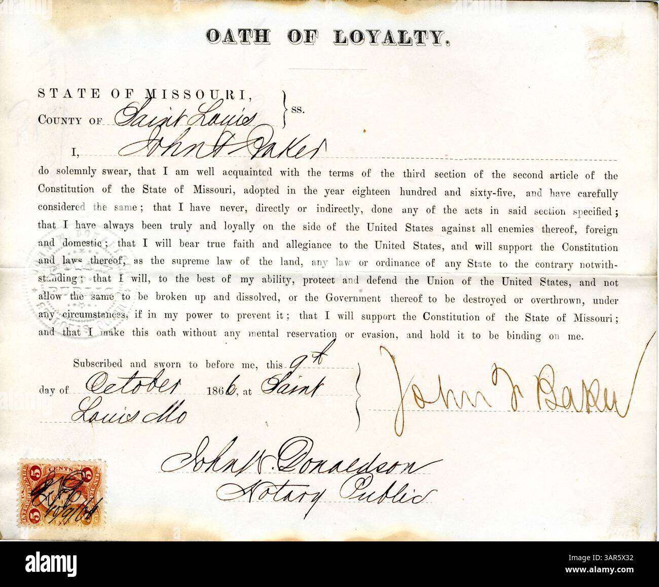 This document records the loyalty oath of John F. Baker, a resident of ...