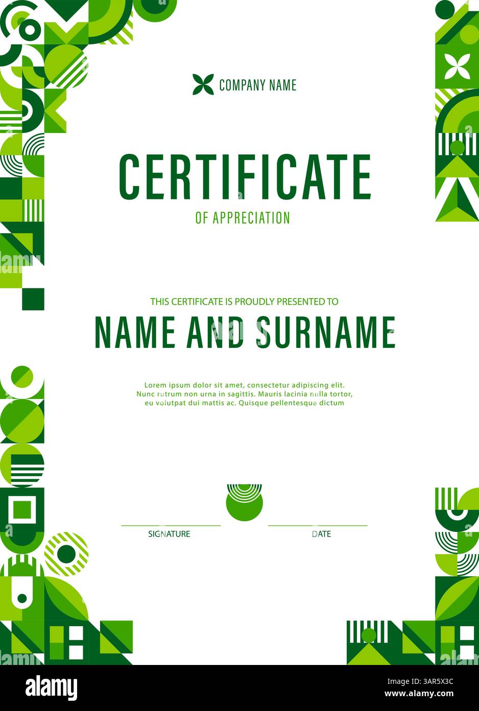 Vertical ecology certificate template with green geometric shapes ...