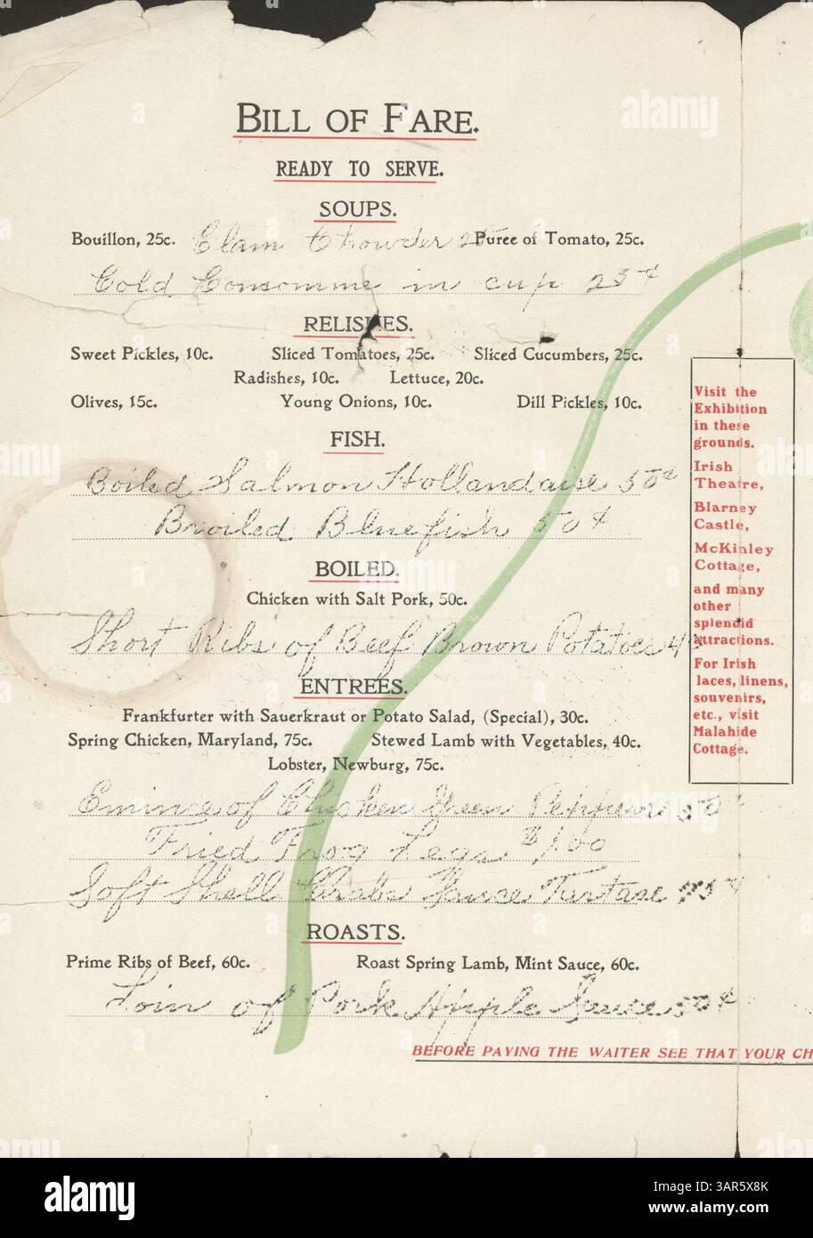 A historic restaurant menu from the Irish Industrial Exposition at the ...