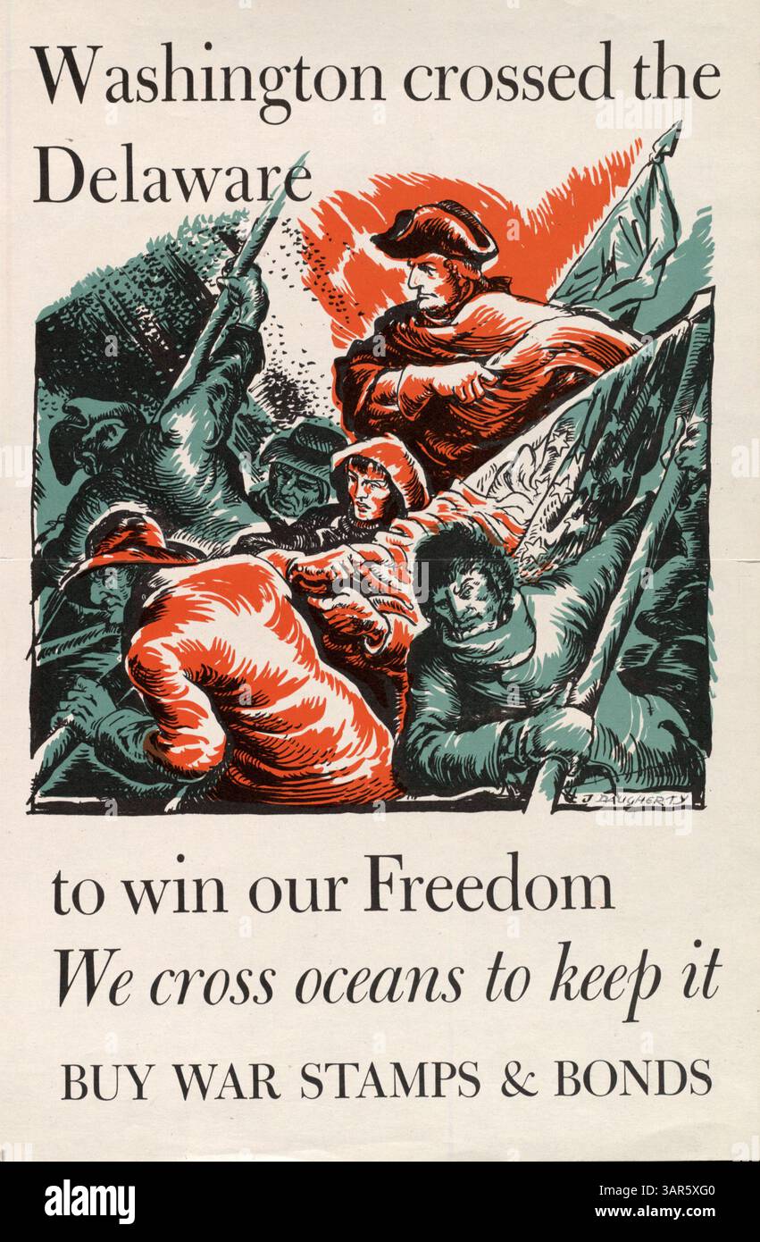 This wartime poster features an image of George Washington and his men ...