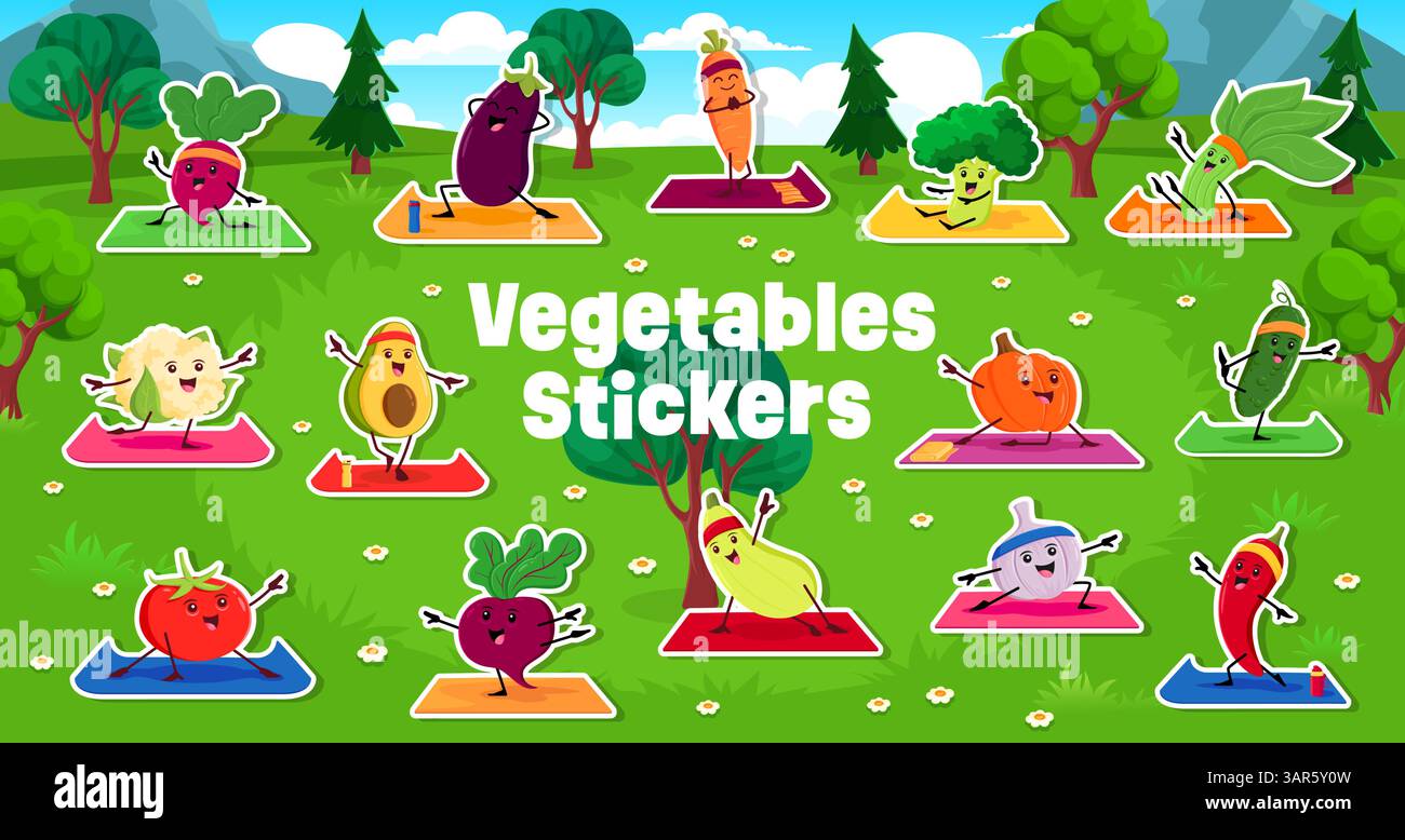 Funny cartoon vegetable characters on yoga fitness sport stickers pack ...