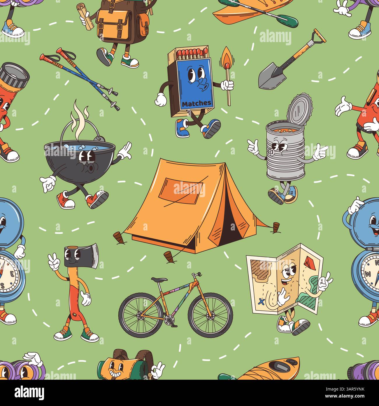 Groovy travel characters in seamless pattern of camping funny items ...
