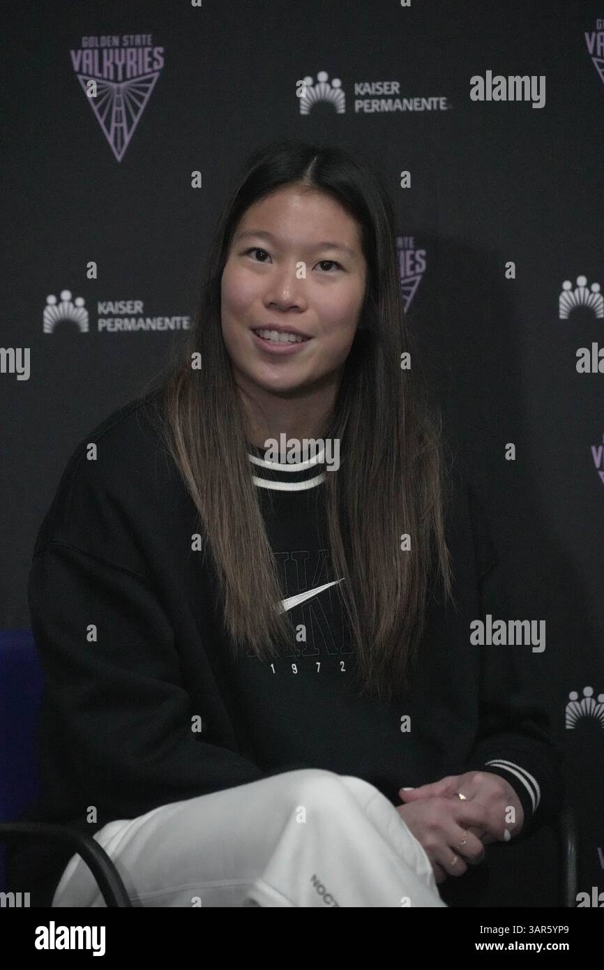 Kaitlyn Chen 30th selections in the 2025 WNBA draft addresses media during an introductory press ...