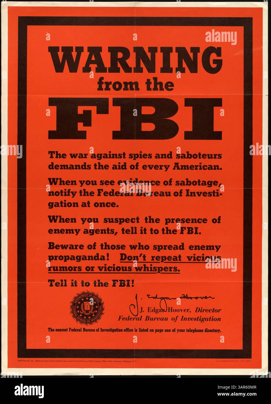 This World War II-era poster, issued by the FBI, urges Americans to ...